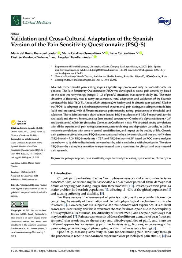 (PDF) Validation and Cross-Cultural Adaptation of the Spanish Version of the Pain Sensitivity ...
