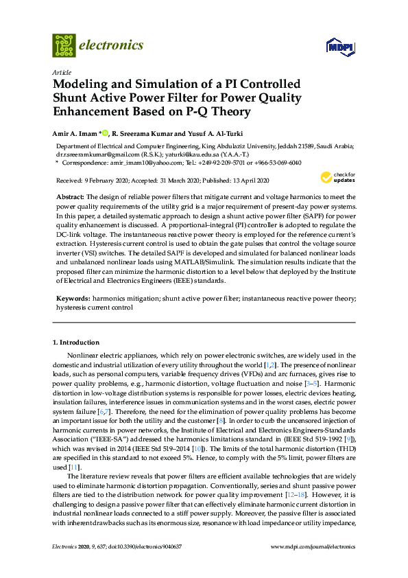 Pdf Modeling And Simulation Of A Pi Controlled Shunt Active Power Filter For Power Quality