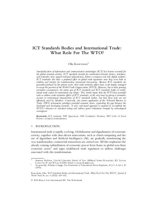 (PDF) ICT Standards Bodies and International Trade: What Role For The WTO?