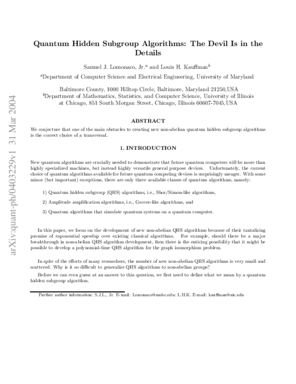 Pdf Quantum Hidden Subgroup Algorithms The Devil Is In The Details Samuel Lomonaco