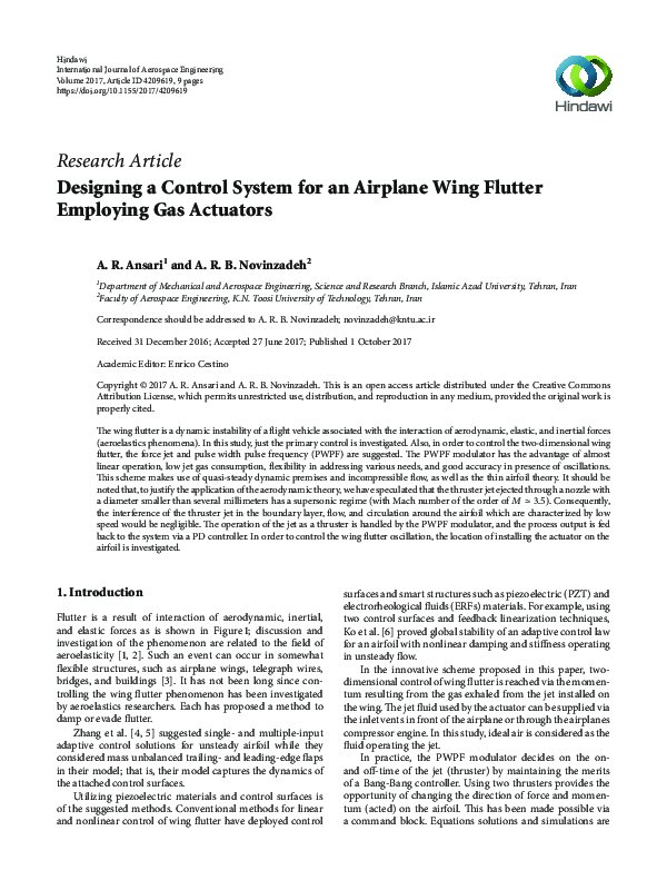 (PDF) Designing a Control System for an Airplane Wing Flutter Employing ...