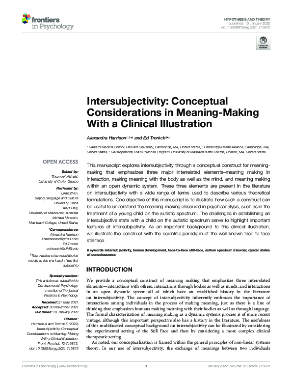 (PDF) Intersubjectivity: Conceptual Considerations in Meaning-Making With a Clinical Illustration