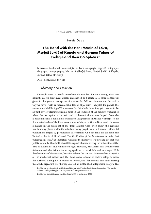 (PDF) The Hand with the Pen: Martin of Loka, Matjaž Jurčič of Kapela ...