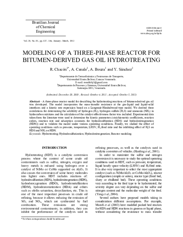 (PDF) Modeling of a three-phase reactor for bitumen-derived gas oil hydrotreating