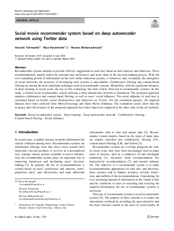 (PDF) Social movie recommender system based on deep autoencoder network using Twitter data ...