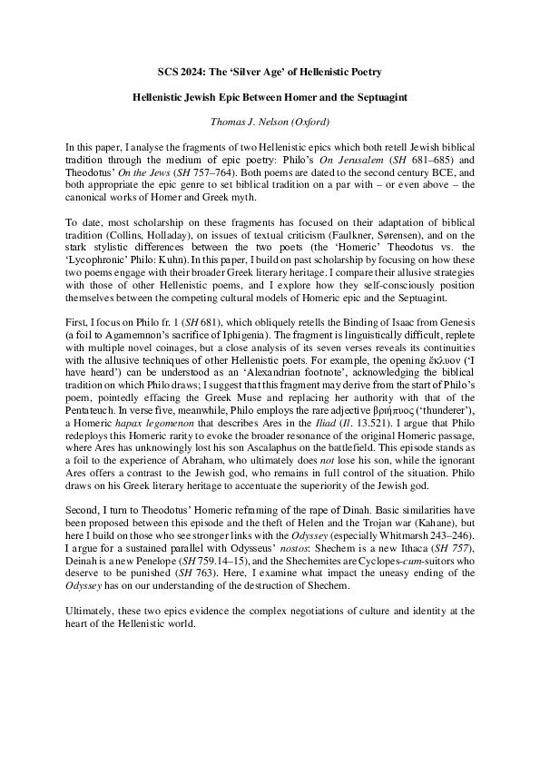 (PDF) Hellenistic Jewish Epic Between Homer and the Septuagint