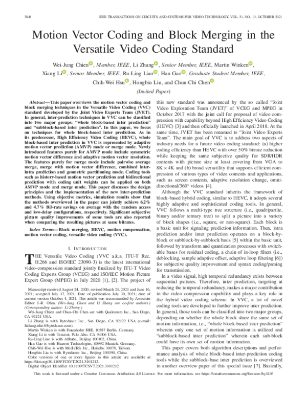 Motion Vector Coding and Block Merging in the Versatile Video Coding Standard