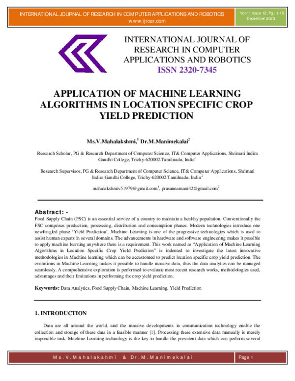 Pdf Application Of Machine Learning Algorithms In Location Specific Crop Yield Prediction