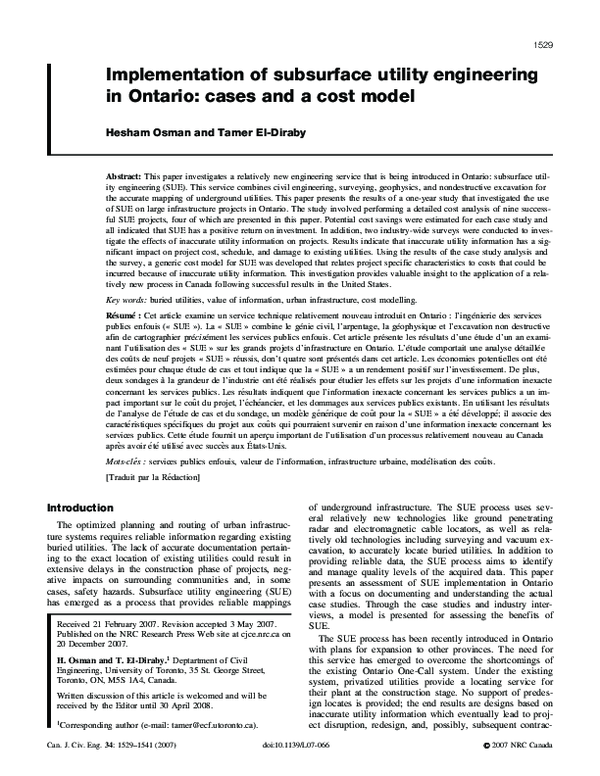 (PDF) Implementation of Subsurface Utility Engineering for Highway Design and Construction