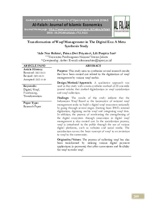 (PDF) Transformation of Waqf Management in The Digital Era: A Meta Synthesis Study