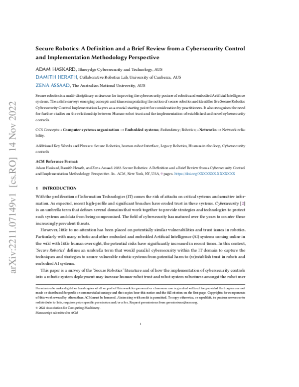 (PDF) Secure Robotics: A Definition and a Brief Review from a Cybersecurity Control and ...