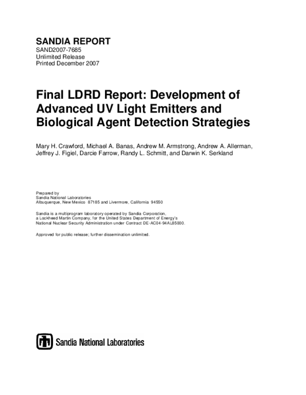 (PDF) SANDIA REPORT Final LDRD Report: Development of Advanced UV Light Emitters and Biological ...