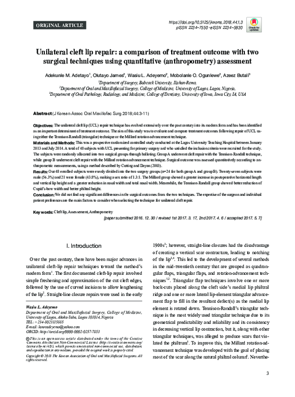 (PDF) Unilateral cleft lip repair: a comparison of treatment outcome with two surgical ...