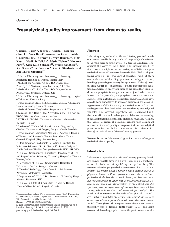 (PDF) Preanalytical quality improvement: from dream to reality