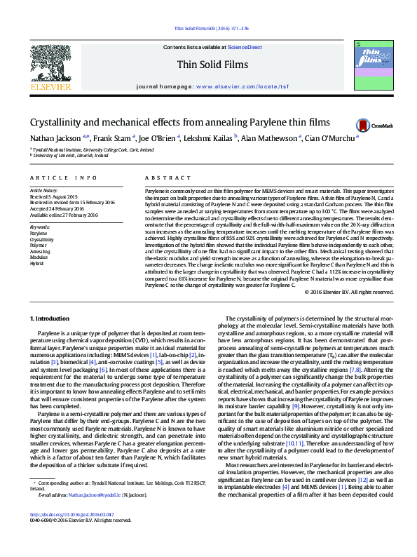 (PDF) Crystallinity and mechanical effects from annealing Parylene thin films