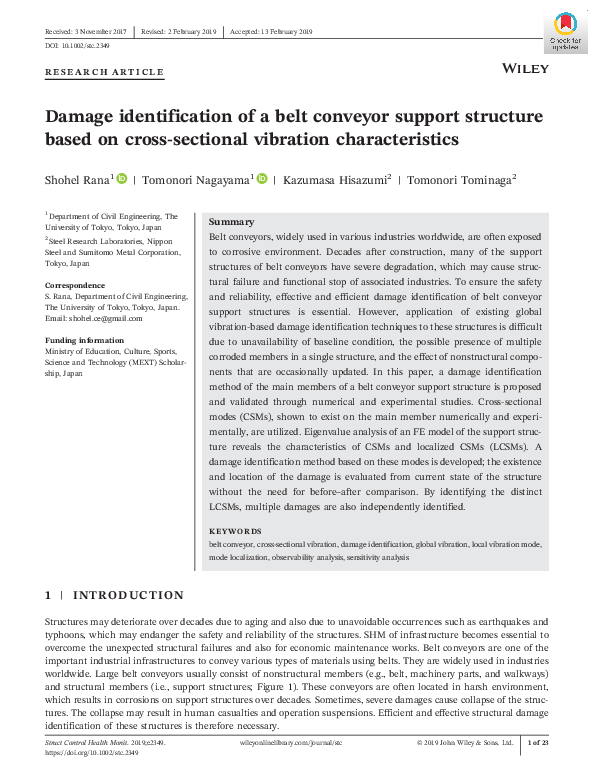 (PDF) Damage identification of belt conveyor support structure using ...