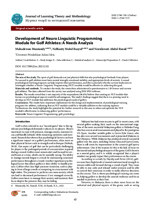 (PDF) Development of Neuro Linguistic Programming Module for Golf ...