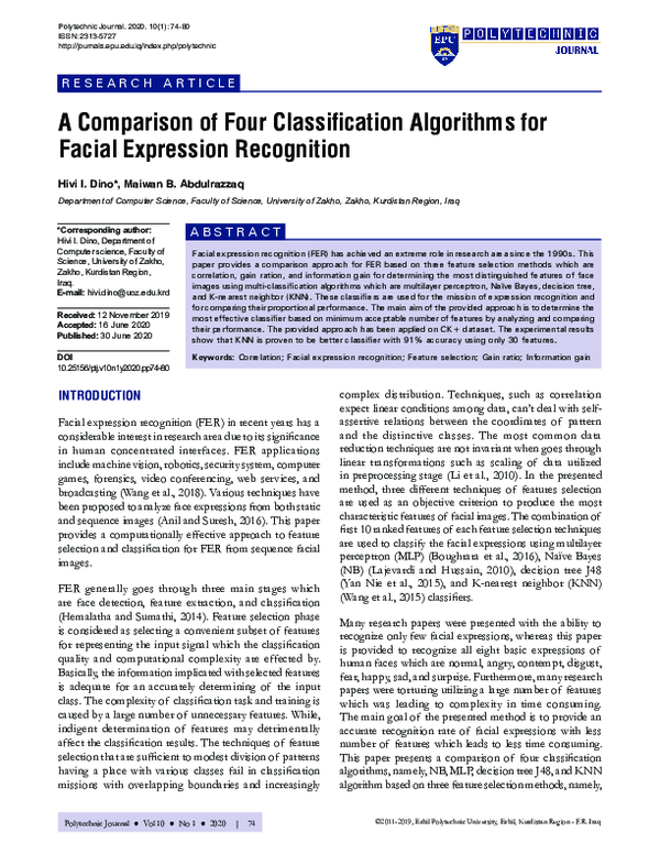 (PDF) Comparison of Four Classification Algorithms for Facial Expression Recognition