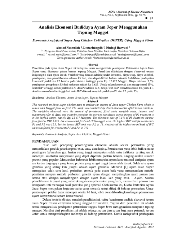 (PDF) Analisis Ekonomi Budidaya Ayam Joper Menggunakan Tepung Maggot