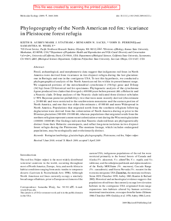 (PDF) Phylogeography of the North American red fox: vicariance in ...
