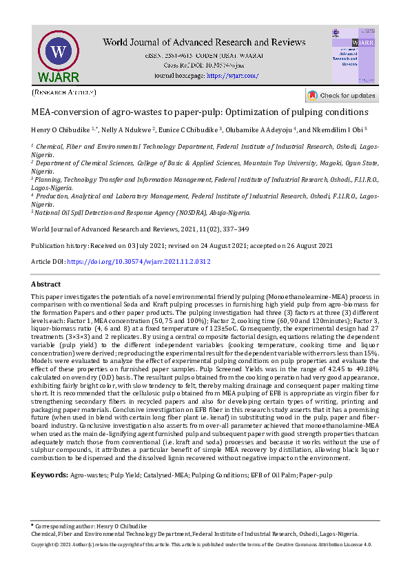 (PDF) MEA-conversion of agro-wastes to paper-pulp: Optimization of ...