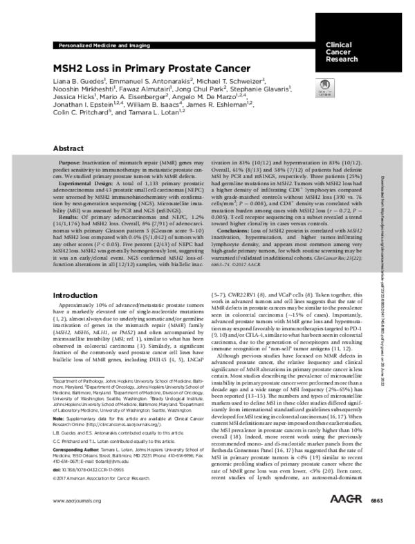 (PDF) MSH2 Loss in Primary Prostate Cancer | Liana Benevides Guedes ...
