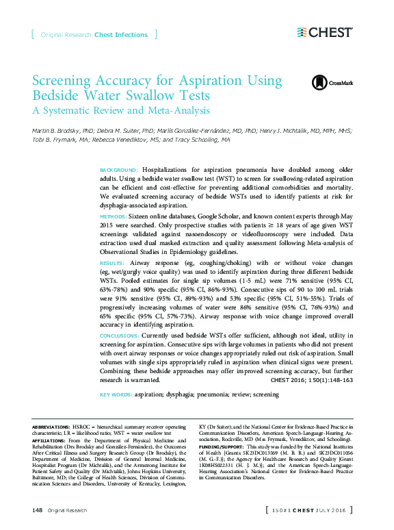 Screening Accuracy for Aspiration Using Bedside Water Swallow Tests