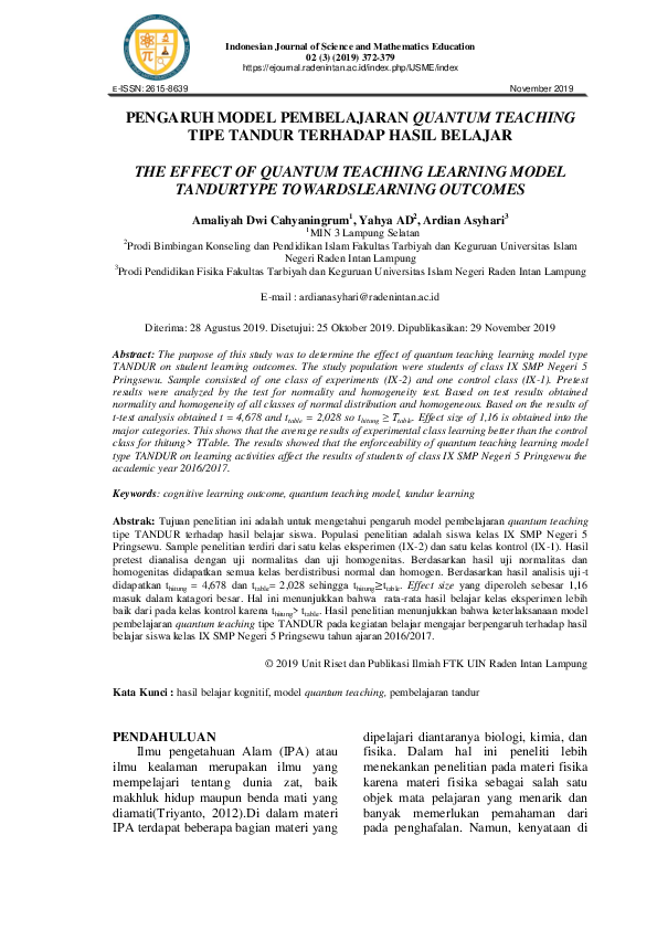 (PDF) Pengaruh Model Pembelajaran Quantum Teaching Tipe Tandur Terhadap Hasil Belajar