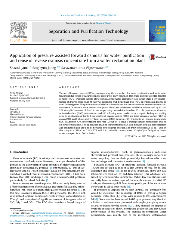 (PDF) Application of pressure assisted forward osmosis for water purification and reuse of ...