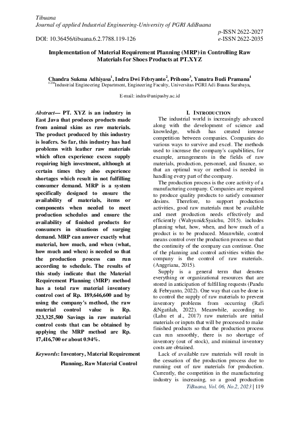 (PDF) Implementation of Material Requirement Planning (MRP) in Controlling Raw Materials for ...