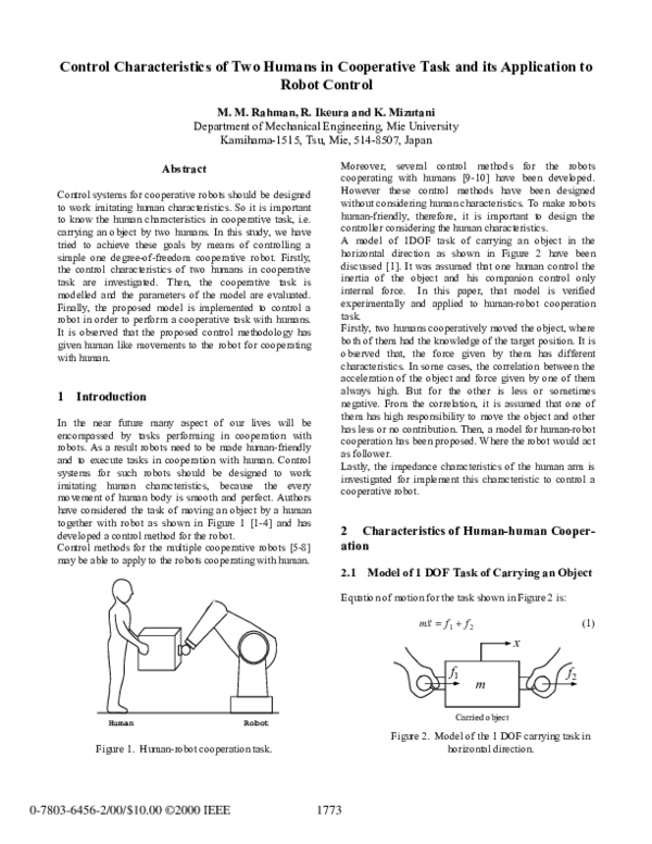 (PDF) Control characteristics of two humans in cooperative task