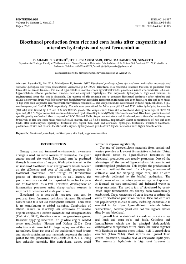 (PDF) Bioethanol production from rice and corn husks after enzymatic and microbes hydrolysis and ...