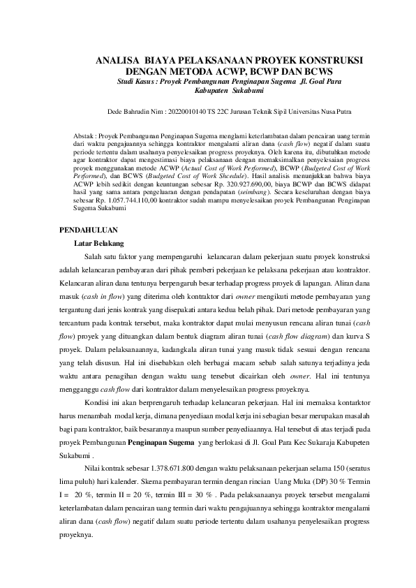 (PDF) ANALISA BIAYA PELAKSANAAN PROYEK KONSTRUKSI DENGAN METODA ACWP ...