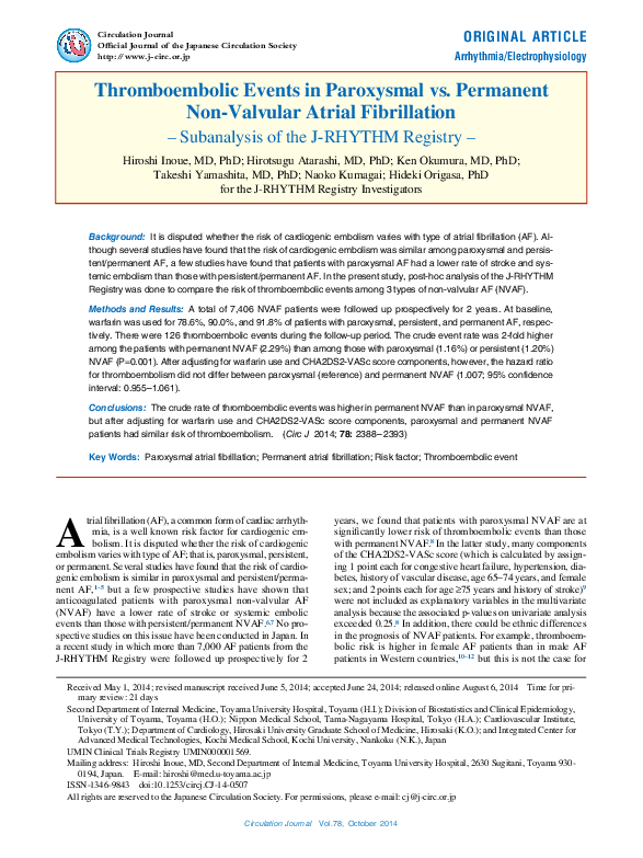 (PDF) Thromboembolic Events in Paroxysmal vs. Permanent Non-Valvular ...