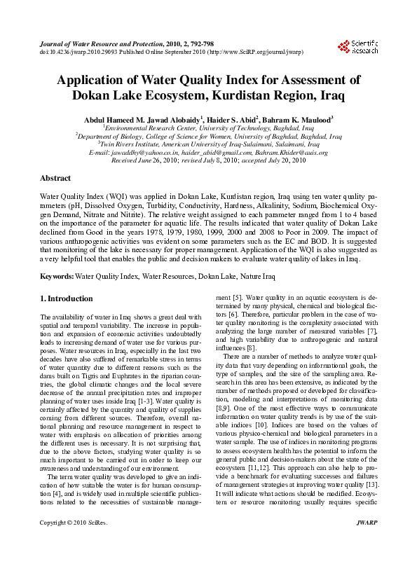 Pdf Application Of Water Quality Index For The Assessment Of Water From Different Sources In