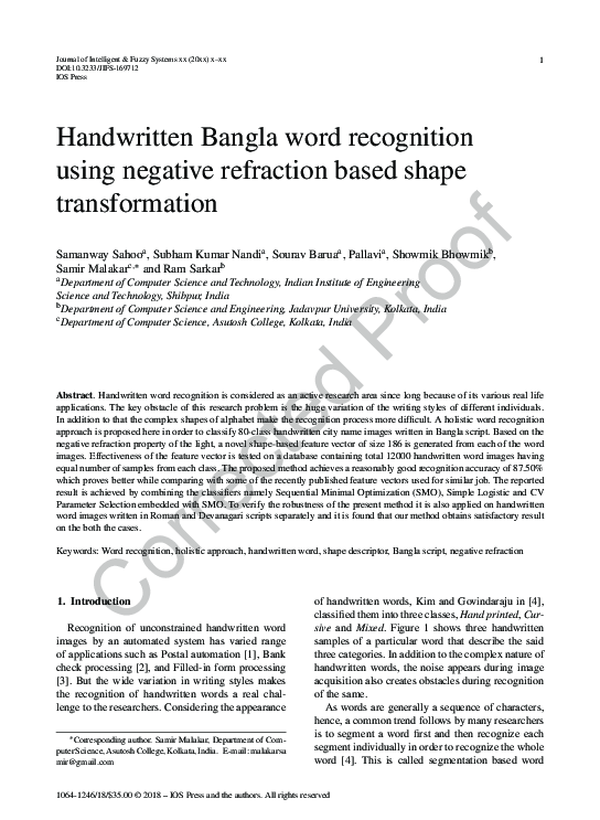 (PDF) Handwritten Bangla word recognition using negative refraction based shape transformation