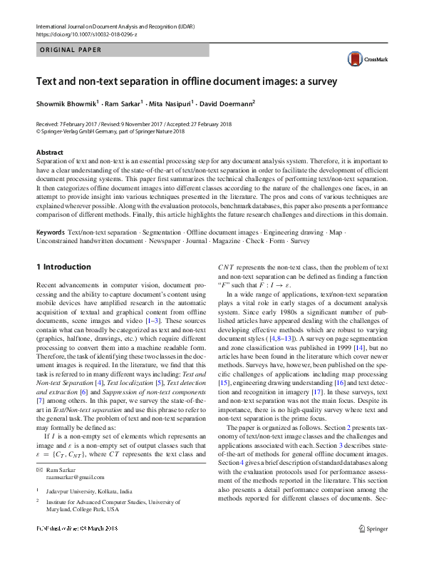 (PDF) Text and non-text separation in offline document images: a survey