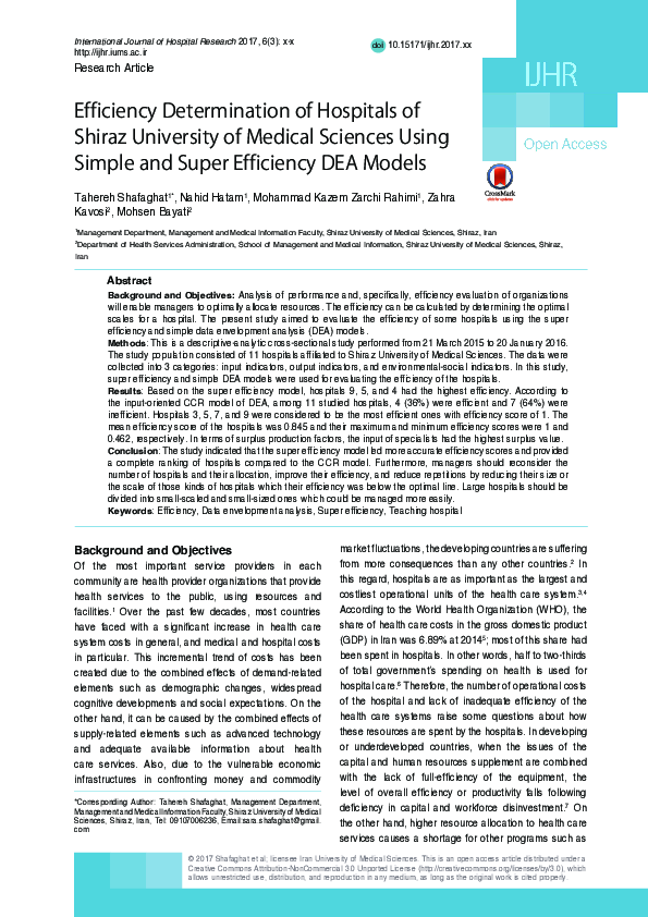 (PDF) Efficiency Determination of Hospitals of Shiraz University of ...