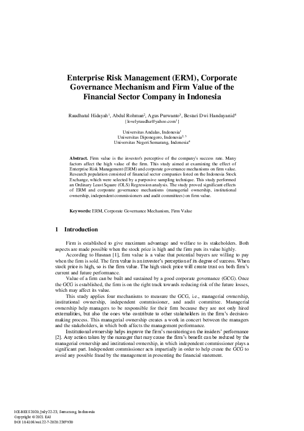 (PDF) Enterprise Risk Management (ERM), Corporate Governance Mechanism ...