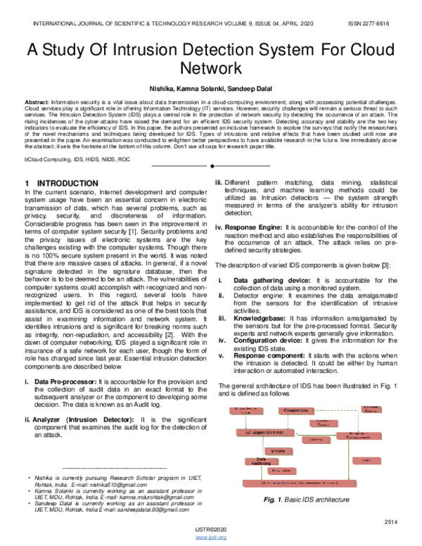 (PDF) A Study Of Intrusion Detection System For Cloud Network