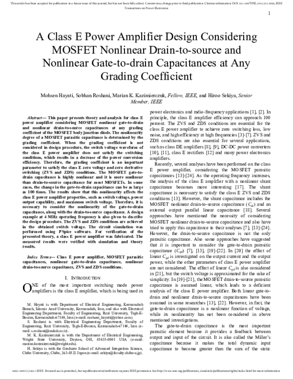 (PDF) A Class-E Power Amplifier Design Considering MOSFET Nonlinear Drain-to-Source and ...