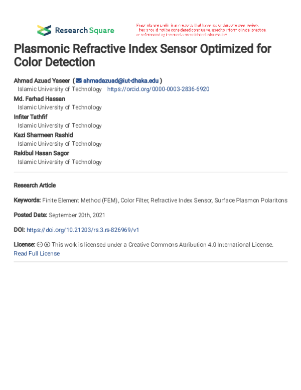 (PDF) Plasmonic Refractive Index Sensor Optimized for Color Detection
