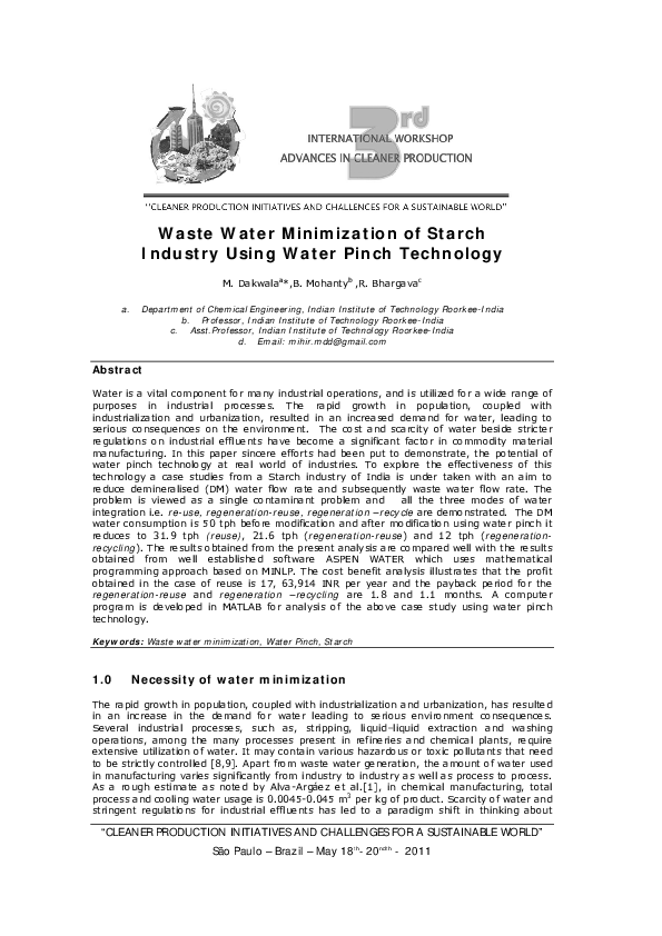 (PDF) Waste Water Minimization of Starch Industry Using Water Pinch ...