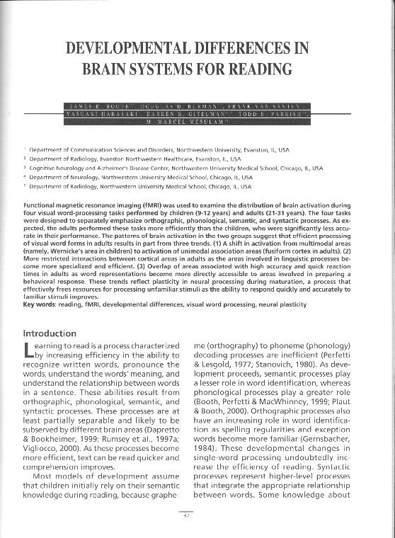(PDF) Developmental differences in brain systems for reading