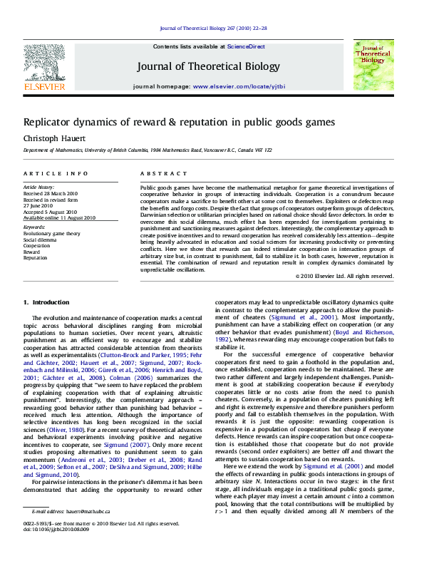 (PDF) Replicator dynamics of reward & reputation in public goods games