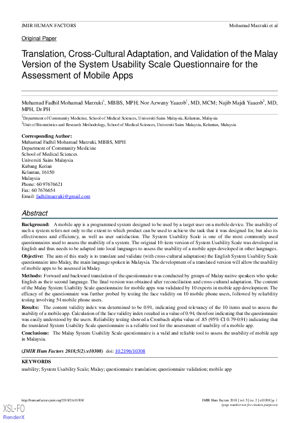 (PDF) Translation, Cross-Cultural Adaptation, and Validation of the Malay Version of the System ...