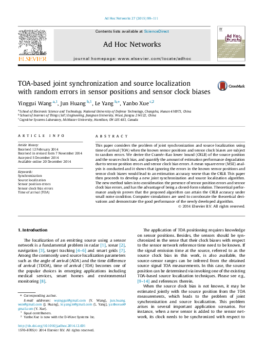 (PDF) TOA-based joint synchronization and source localization with random errors in sensor ...