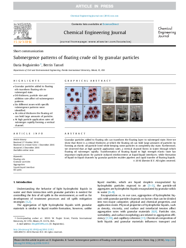 (PDF) Submergence patterns of floating crude oil by granular particles