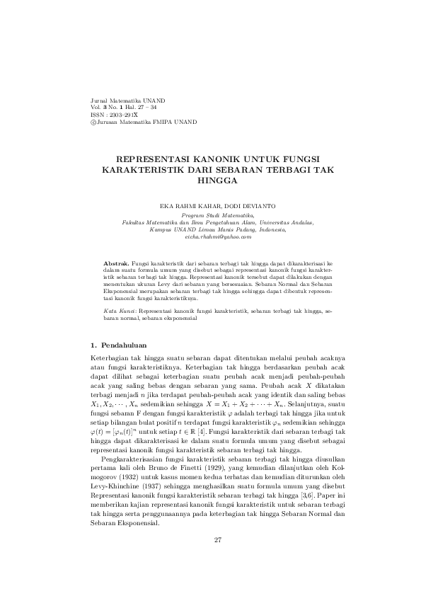 (PDF) Representasi Kanonik Untuk Fungsi Karakteristik Dari Sebaran ...