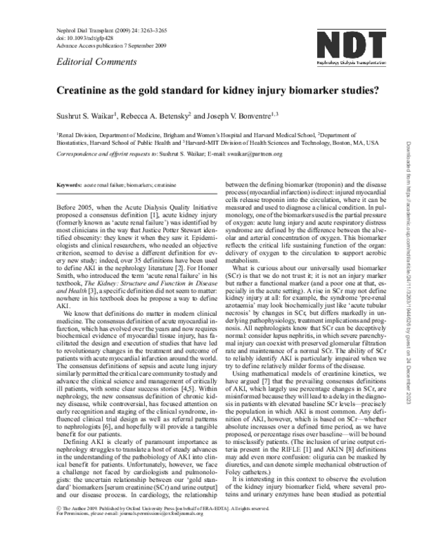 (PDF) Creatinine as the gold standard for kidney injury biomarker studies?